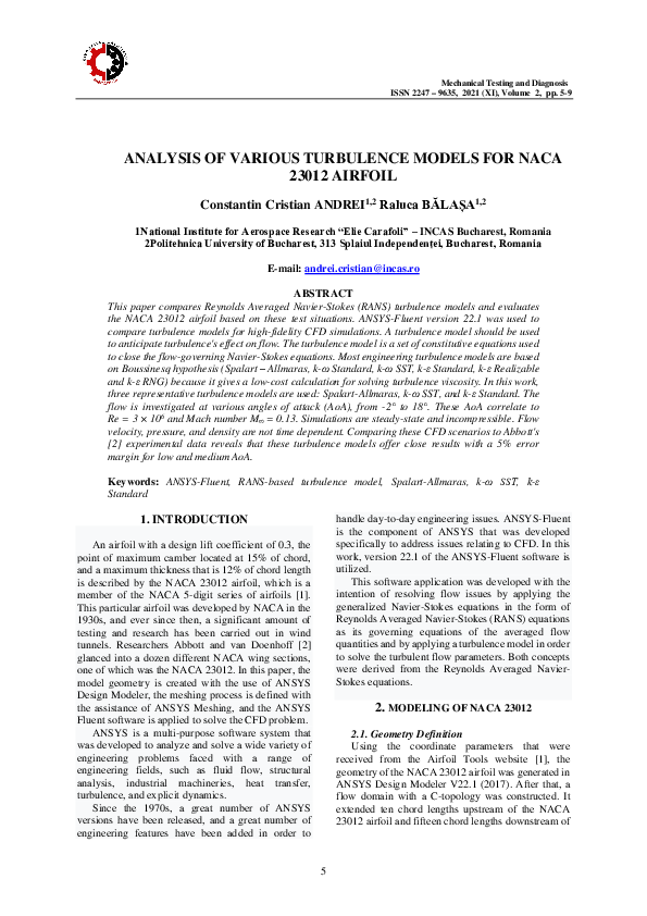 (PDF) ANALYSIS OF VARIOUS TURBULENCE MODELS FOR NACA 23012 AIRFOIL