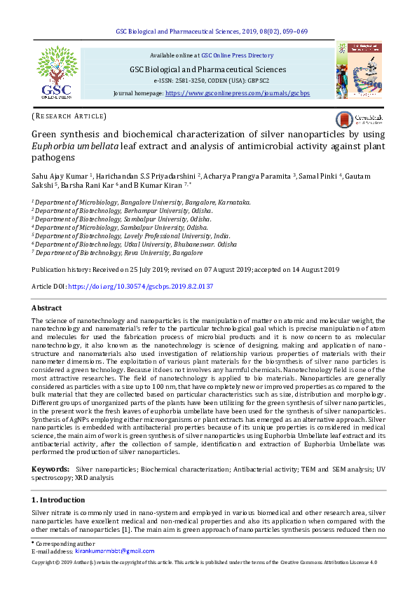 (PDF) Green synthesis and biochemical characterization of silver nanoparticles by using ...
