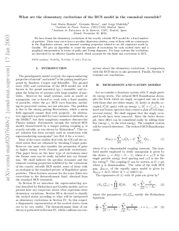 (PDF) The Elementary Excitations of the BCS Model in the Canonical Ensemble