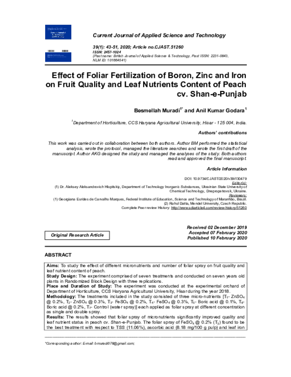 Pdf Effect Of Foliar Fertilization Of Boron Zinc And Iron On Fruit