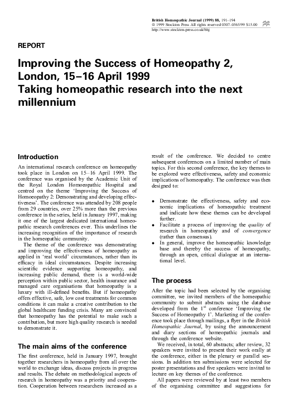 (PDF) Improving the Success of Homeopathy 2, London, 15–16 April 1999 ...
