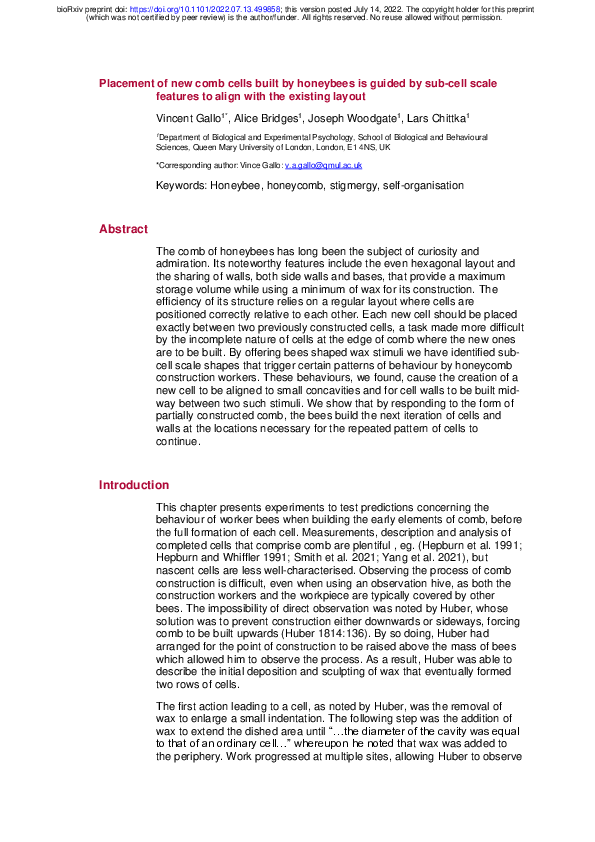 (PDF) Placement of new comb cells built by honeybees is guided by sub-cell scale features to ...