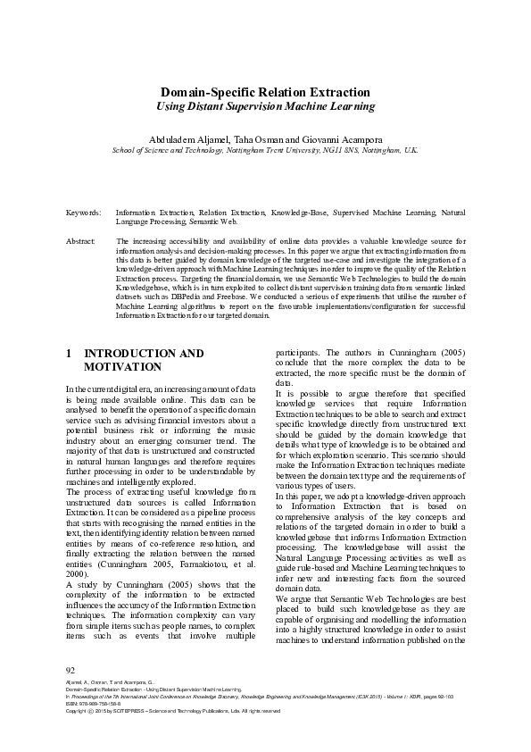 Pdf Domain Specific Relation Extraction Using Distant Supervision