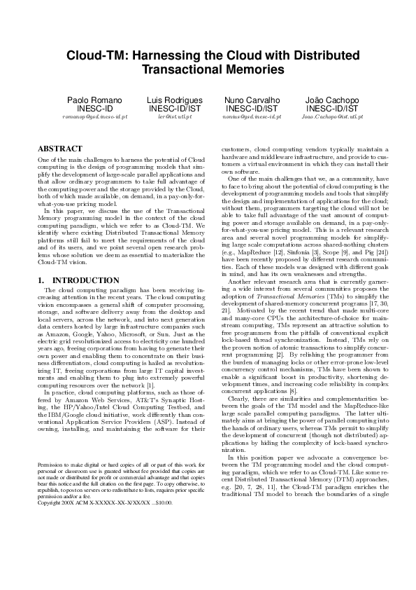 (PDF) Cloud-TM: Harnessing the Cloud with Distributed Transactional ...