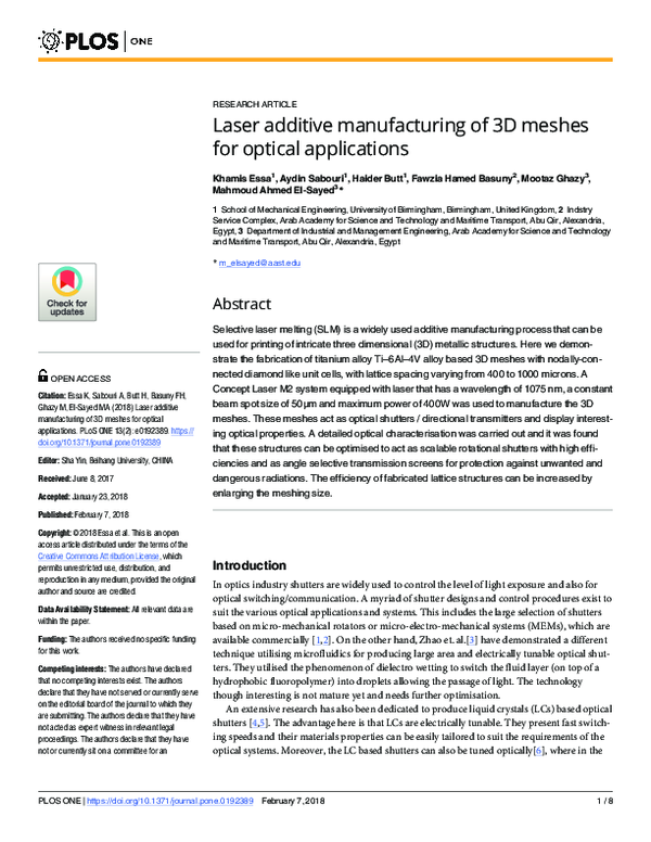 (PDF) Laser additive manufacturing of 3D meshes for optical applications