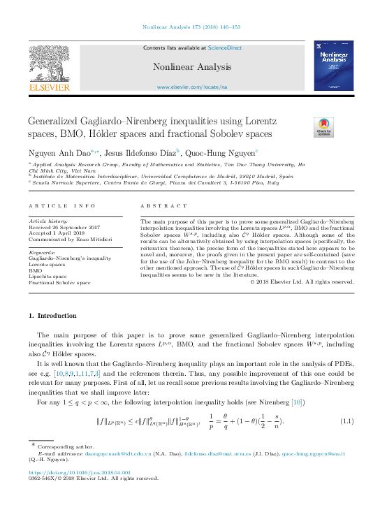 Pdf Generalized Gagliardo Nirenberg Inequalities Using Lorentz Spaces Bmo Hölder Spaces And