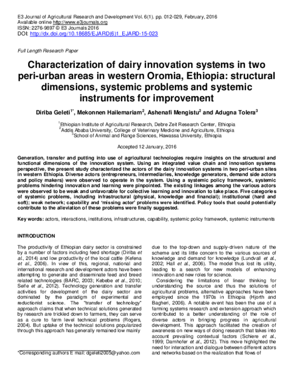 (PDF) Characterization of dairy innovation systems in two peri-urban ...