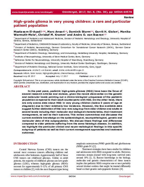 (PDF) High-grade glioma in very young children: a rare and particular patient population
