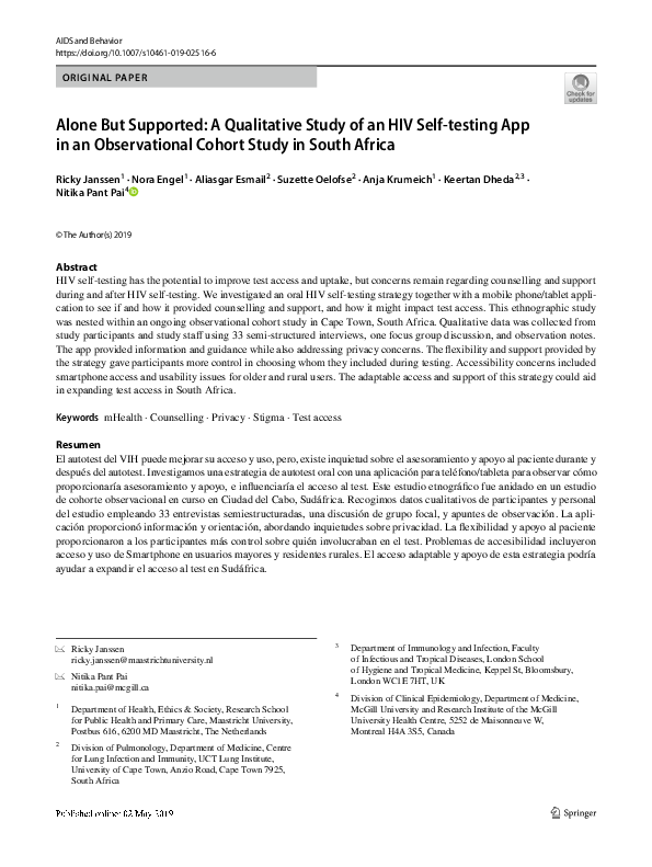 (PDF) Alone But Supported: A Qualitative Study of an HIV Self-testing ...