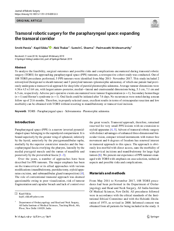 (PDF) Transoral Robotic Surgery for Parapharyngeal Space Tumors | Ara ...