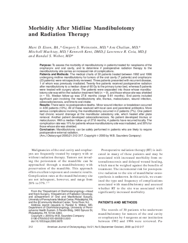 (PDF) Morbidity after midline mandibulotomy and radiation therapy