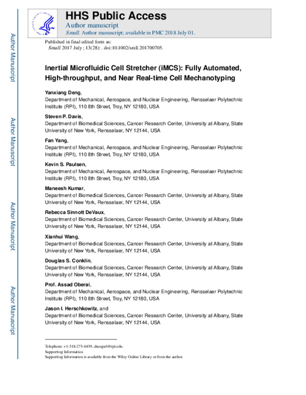 (PDF) Inertial Microfluidic Cell Stretcher (iMCS): Fully Automated, High-Throughput, and Near ...