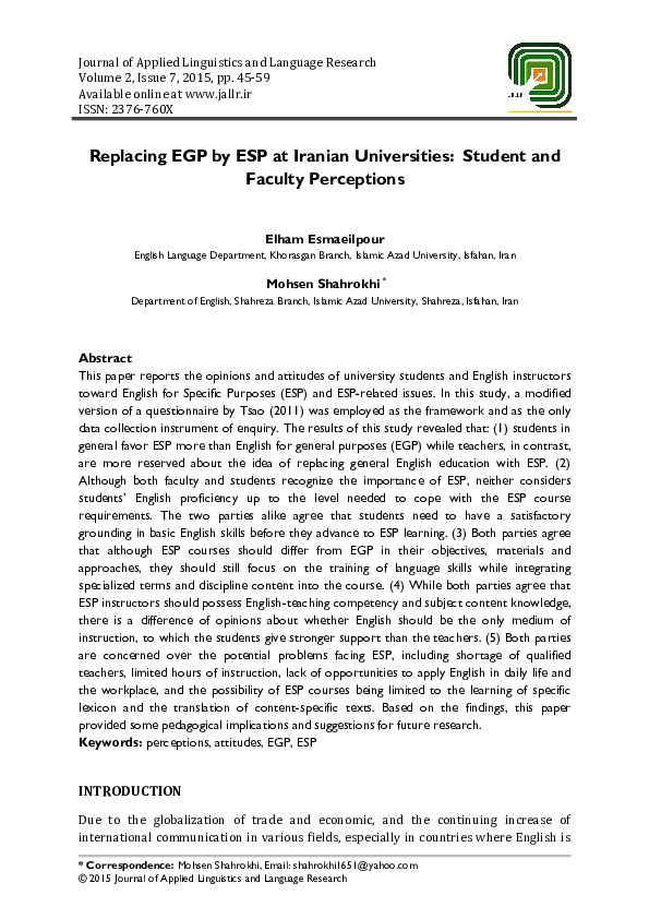 (PDF) Replacing EGP by ESP at Iranian Universities: Student and Faculty Perceptions