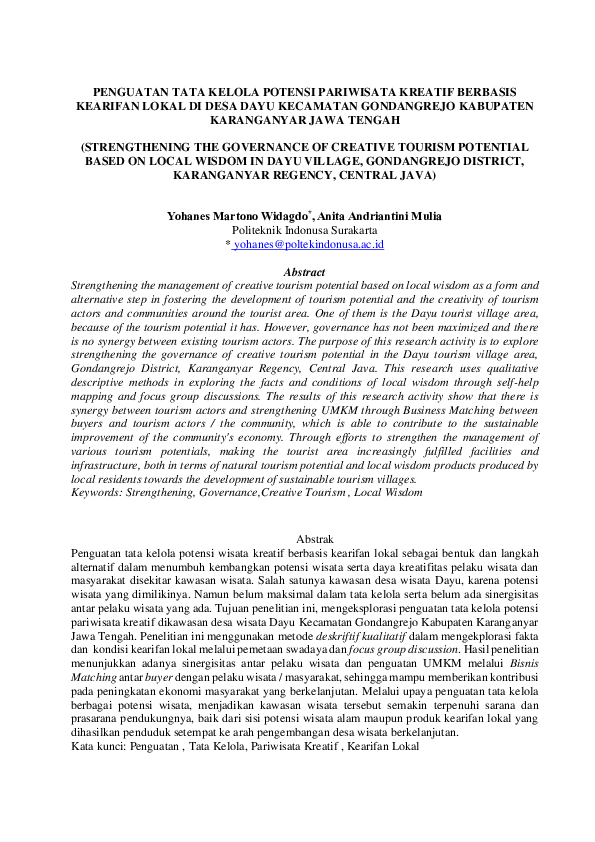 (PDF) Strengthening the Governance of Creative Tourism Potential Based ...