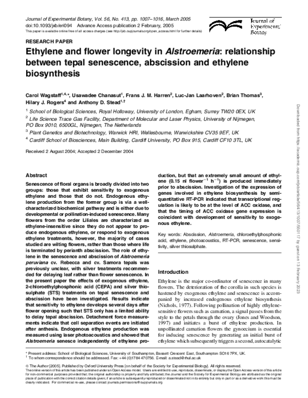 (PDF) Ethylene and flower longevity in Alstroemeria: relationship ...