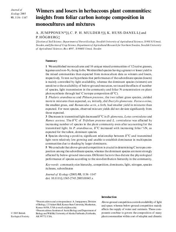 (PDF) Winners and losers in herbaceous plant communities: insights from foliar carbon isotope ...
