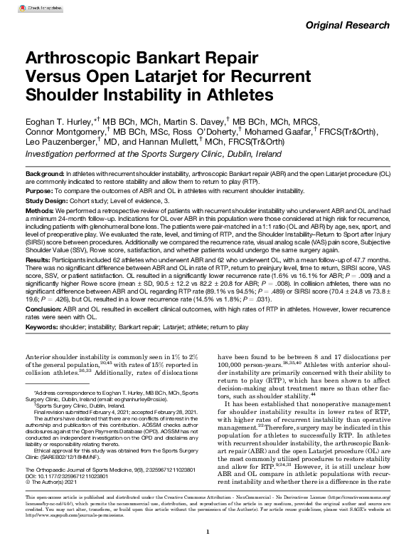 (PDF) Arthroscopic Bankart Repair Versus Open Latarjet for Recurrent ...