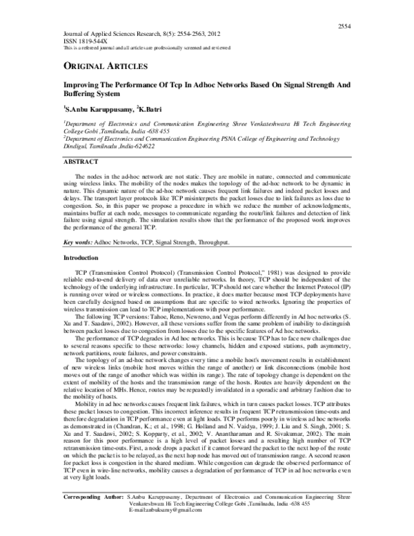 Pdf Improving The Performance Of Tcp In Adhoc Networks Based On Signal Strength And Buffering