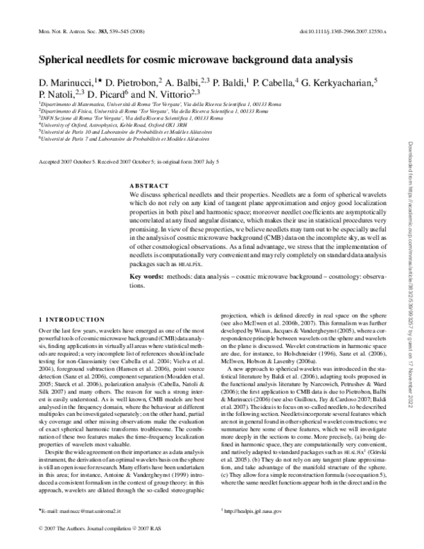 (PDF) Spherical needlets for cosmic microwave background data analysis