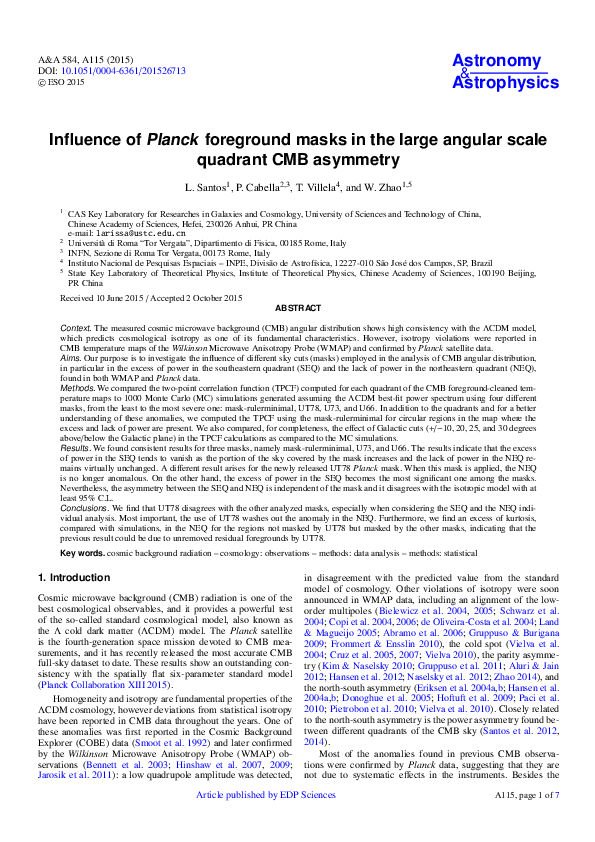 (PDF) Influence ofPlanckforeground masks in the large angular scale quadrant CMB asymmetry
