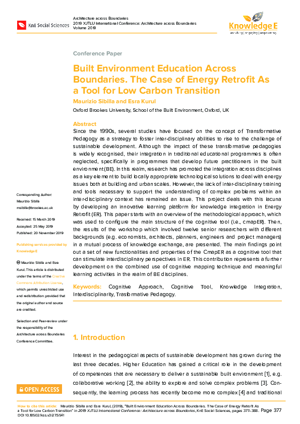 (PDF) Built Environment Education Across Boundaries. The Case of Energy Retroﬁt As a Tool for ...