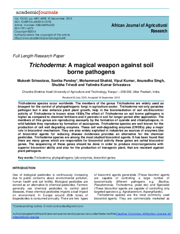 (PDF) Trichoderma: A magical weapon against soil borne pathogens