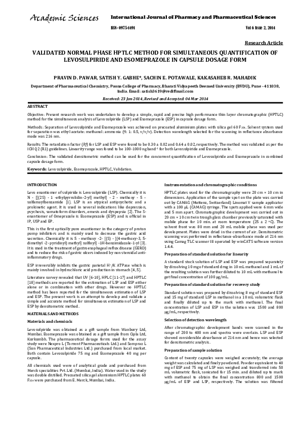 Pdf Validated Normal Phase Hptlc Method For Simultaneous Quantification Of Levosulpiride And