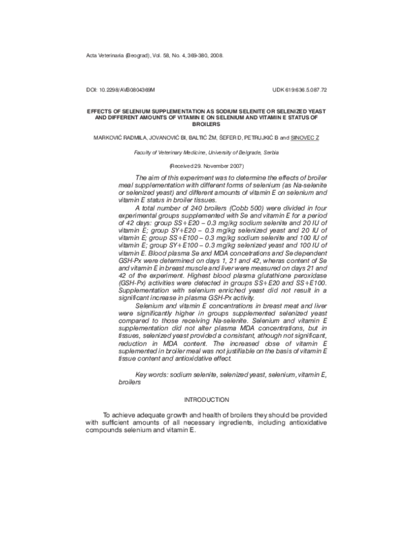 (PDF) Effects of selenium supplementation as sodium selenite or selenized yeast and different ...