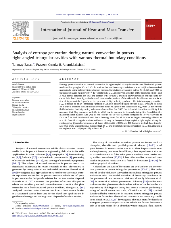 Pdf Analysis Of Entropy Generation During Natural Convection In Porous Right Angled Triangular