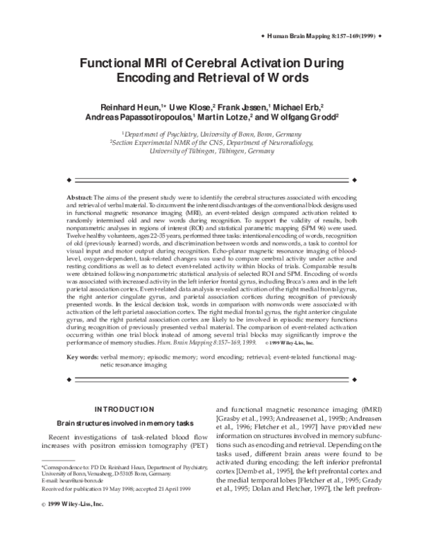 Pdf Functional Mri Of Cerebral Activation During Encoding And