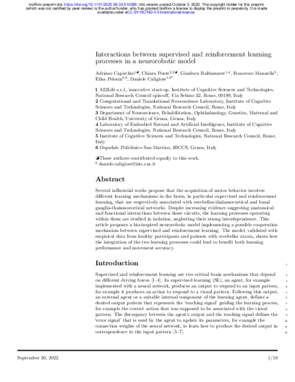 (PDF) Interactions between supervised and reinforcement learning processes in a neurorobotic model