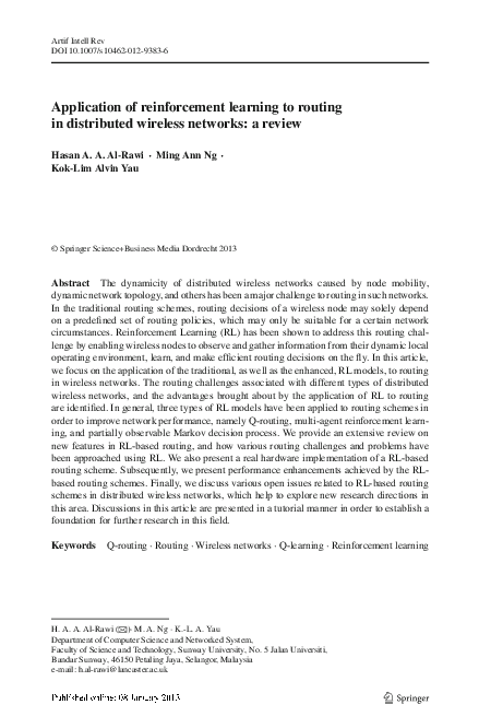 Pdf Application Of Reinforcement Learning To Routing In Distributed Wireless Networks A Review