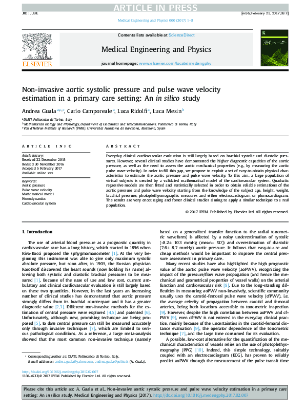 (PDF) Non-invasive aortic systolic pressure and pulse wave velocity estimation in a primary care ...
