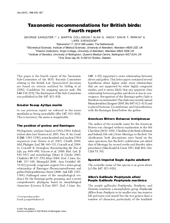 (PDF) Taxonomic recommendations for British birds: Fourth report