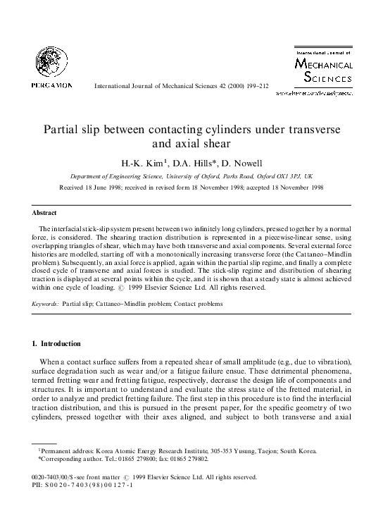 (PDF) Partial slip between contacting cylinders under transverse and ...