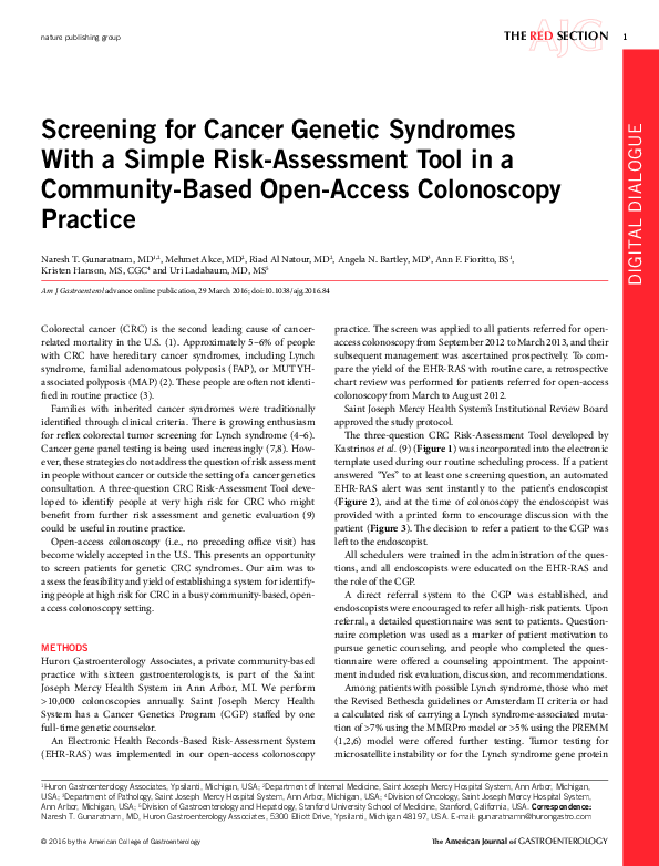 (PDF) Screening for Cancer Genetic Syndromes With a Simple Risk ...