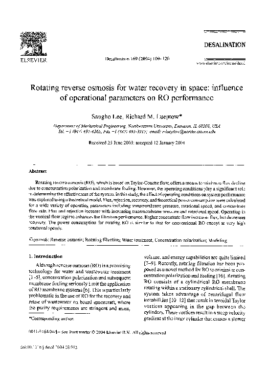 (PDF) Rotating reverse osmosis for water recovery in space: influence ...