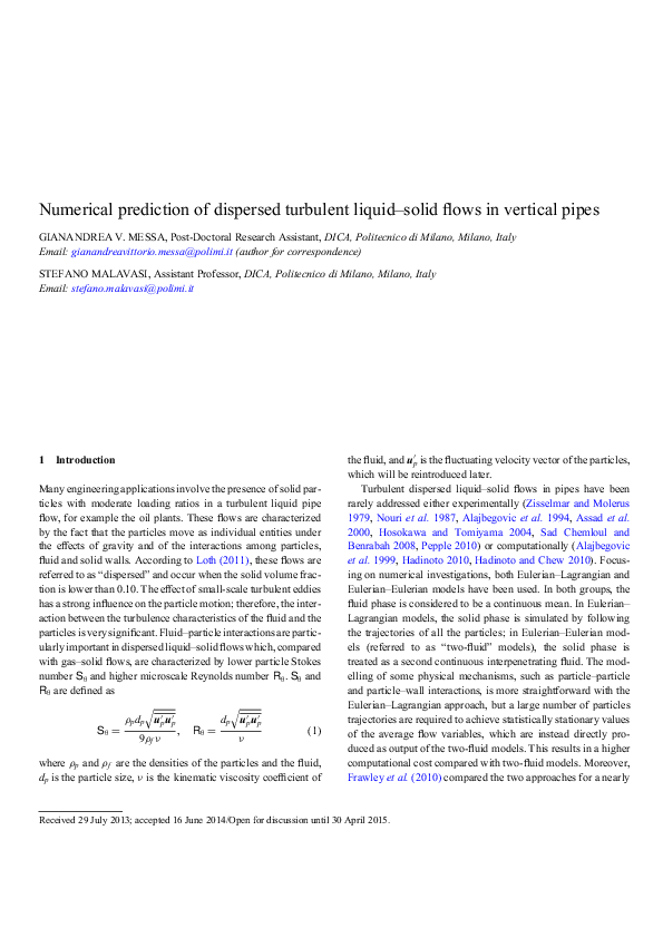 (PDF) Numerical prediction of dispersed turbulent liquid–solid flows in vertical pipes