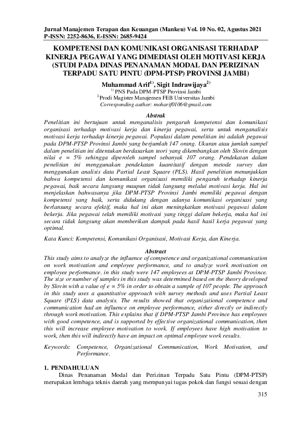 (PDF) Kompetensi Dan Komunikasi Organisasi Terhadap Kinerja Pegawai Yang Dimediasi Oleh Motivasi ...