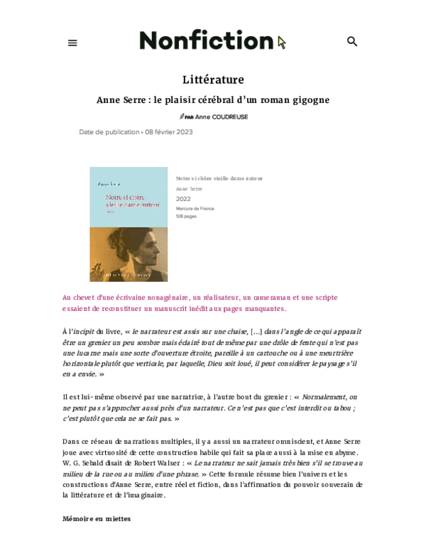 (PDF) Anne Serre, Notre si chère vieille dame auteur