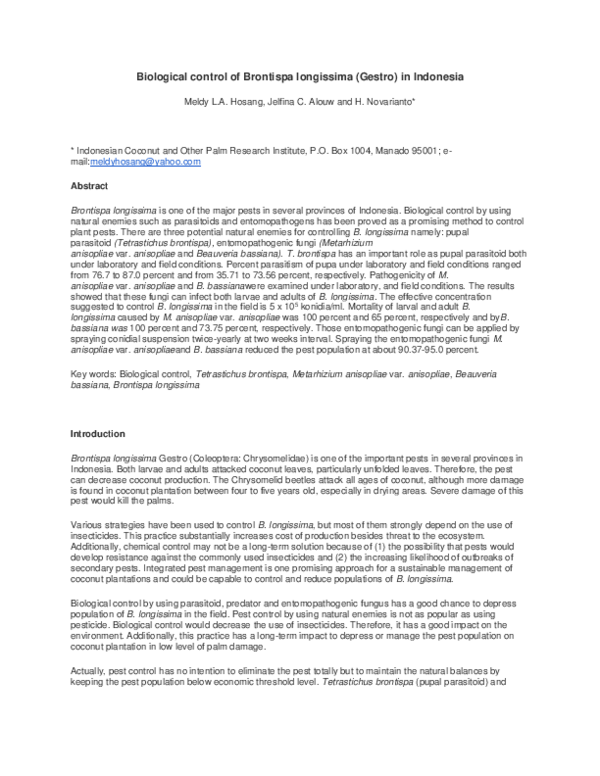 (PDF) Biological control of Brontispa longissima (Gestro) in Indonesia