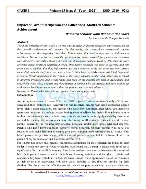 (PDF) Impact of Parent Occupation and Educational Status on Students ...