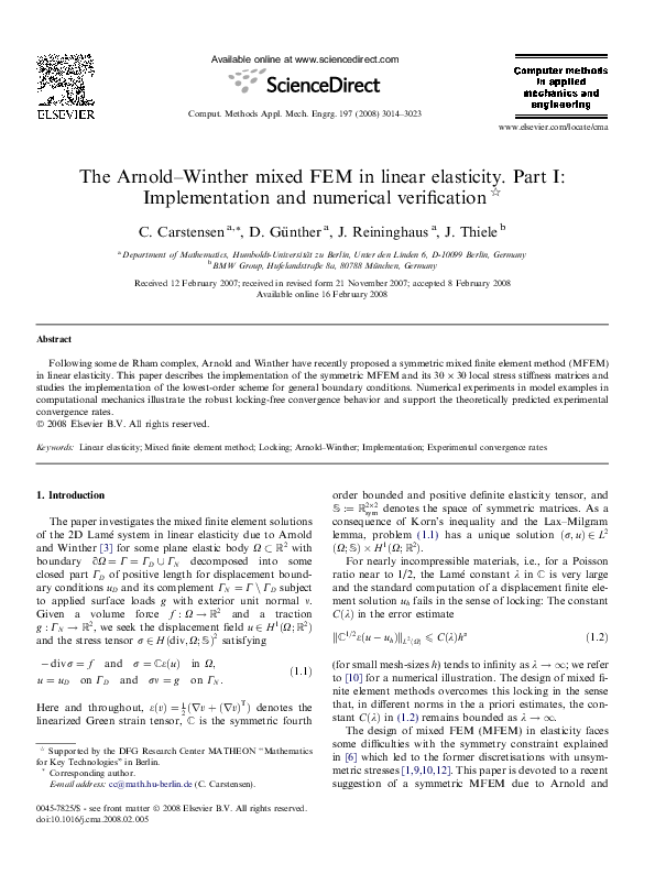 (PDF) The Arnold–Winther mixed FEM in linear elasticity. Part I: Implementation and numerical ...