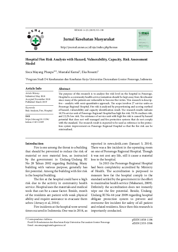 (PDF) Hospital Fire Risk Analysis with Hazard, Vulnerability, Capacity, Risk Assessment Model