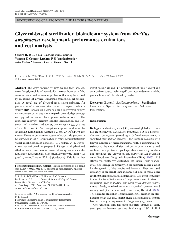 (PDF) Glycerol-based sterilization bioindicator system from Bacillus atrophaeus: development ...