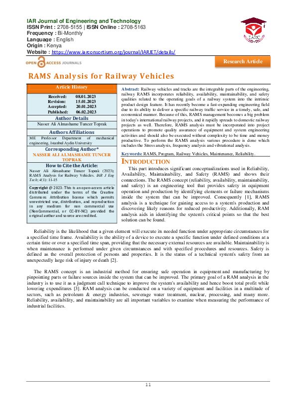 (PDF) RAMS Analysis for Railway Vehicles