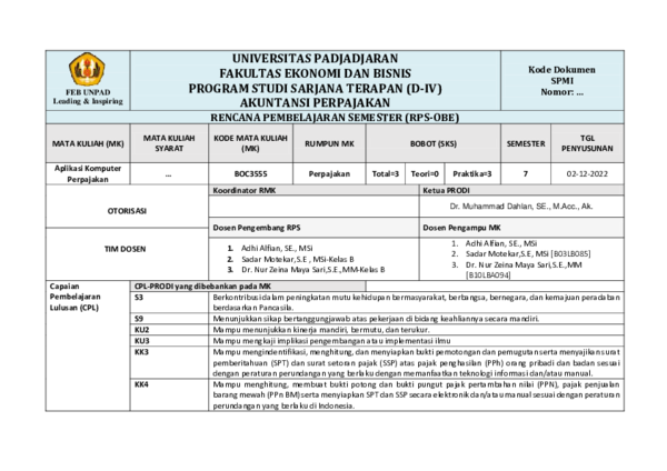 (PDF) RPS OBE Praktika Aplikasi Komputer Perpajakan UNPAD
