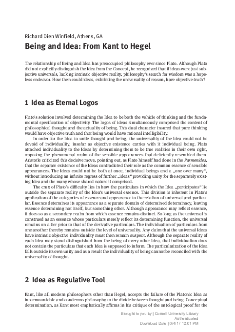 (PDF) Being and Idea: From Kant to Hegel