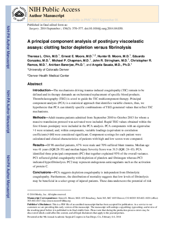 (PDF) A principal component analysis of postinjury viscoelastic assays: clotting factor ...