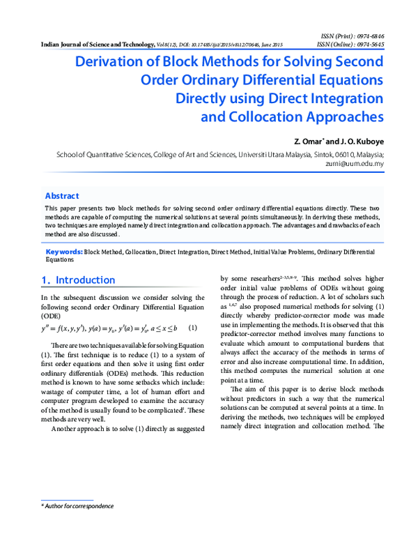 Pdf Derivation Of Block Methods For Solving Second Order Ordinary Differential Equations